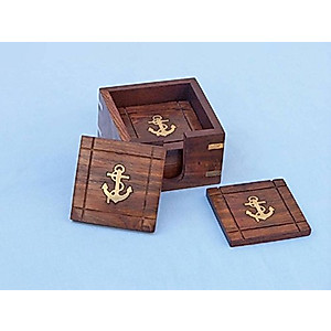 Hampton Nautical Wooden Anchor Coasters with Rosewood Holder (Set of 6), Brown, 3"