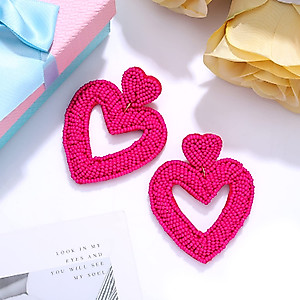 Bead Dangle Earrings for Women Beaded Heart Dangle Earrings Bohemia Statement Bead Drop Earrings Studs Valentine’s Day Heart Beaded Earrings Gifts