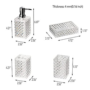 4 Piece Square Plastic Bathroom Accessories Set, Clear Diamond Pattern Bathroom Accessories Soap Dispenser, Toothbrush Holder, Tumbler and Soap Dish.