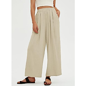 Beaully Women Linen Pants High Waist Wide Leg Palazzo Pants Casual Loose Long Trousers with Pockets 6096 Apricot Small