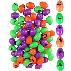 Iconikal 72-Count Halloween Eggs - Durable Plastic Holiday Treat Containers in Orange, Neon Green, and Purple Featuring 6 Different Fun Designs (2.3 x 1.6)