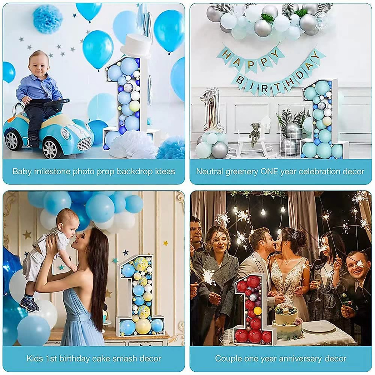 JoyBox Design 3FT Mosaic Balloon Frame Number 1 Light Up Numbers Pre-Cut Kit Thick Foam Board Decoration for Birthdays Anniversary Baby Shower