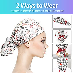 6 pcs Adjustable Bouffant Scrub Turban Cap with Buttons for Nurse Long Hair Ponytail,Surgical Beanie Hat for Medical Working