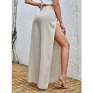 SweatyRocks Women's High Waist Drawstring Split Thigh Wide Leg Palazzo Pants Khaki XL