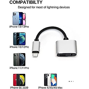 2 Pack Headphone Adapter for iPhone, [Apple MFi Certified] 2 in 1 Lightning to 3.5mm AUX Audio + Charger Splitter Adaptor Compatible with iPhone 14/13/12/11/XS/XR/X/8/7/iPad, Support All iOS System