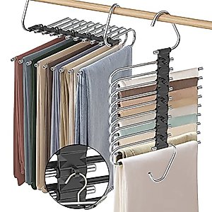Upgrade 9 Layers Pants Hangers Space Saving, 2 Pack Non Slip Stainless Steel Multifunctional Pants Rack Closet Pant Hanger Organizer with Hooks for Pants Jeans Trousers Dorm Room Essentials, Black