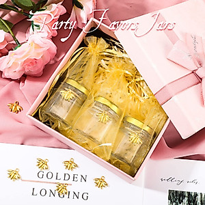 Nuogo 100 Set 1.5 oz Mini Hexagon Glass Honey Jars Small Honey Jars with Bee Pendants, Twine, Golden Gift Bags, Honey Jars with Gold Lids Glasses Canning Jars for Baby Shower, Wedding Favors