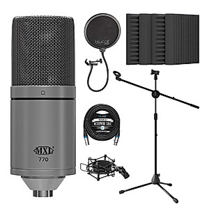 blucoil MXL 770 Cardioid Condenser Microphone (Silver) Bundle 20-FT Balanced XLR Cable, Pop Filter Windscreen, Adjustable Mic Stand, and 4-Pack of 12 Acoustic Foam Isolation Panel Wedges