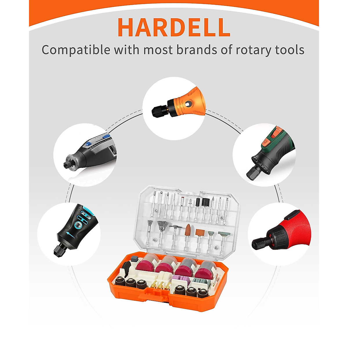 HARDELL Rotary Tool Accessories, 227pcs Power Rotary Tool Accessories Kit, 1/8"(3.2mm) Diameter Shanks, Universal Fitment for Easy Cutting, Polishing, Sanding, Carving, Grinding(Orange)