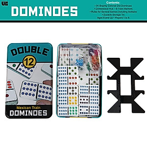 Front Porch Classics | Double 12 Colored Dot Dominoes Set On-The-Go Travel Storage Tin, 2 to 8 Players Ages 8 to 99