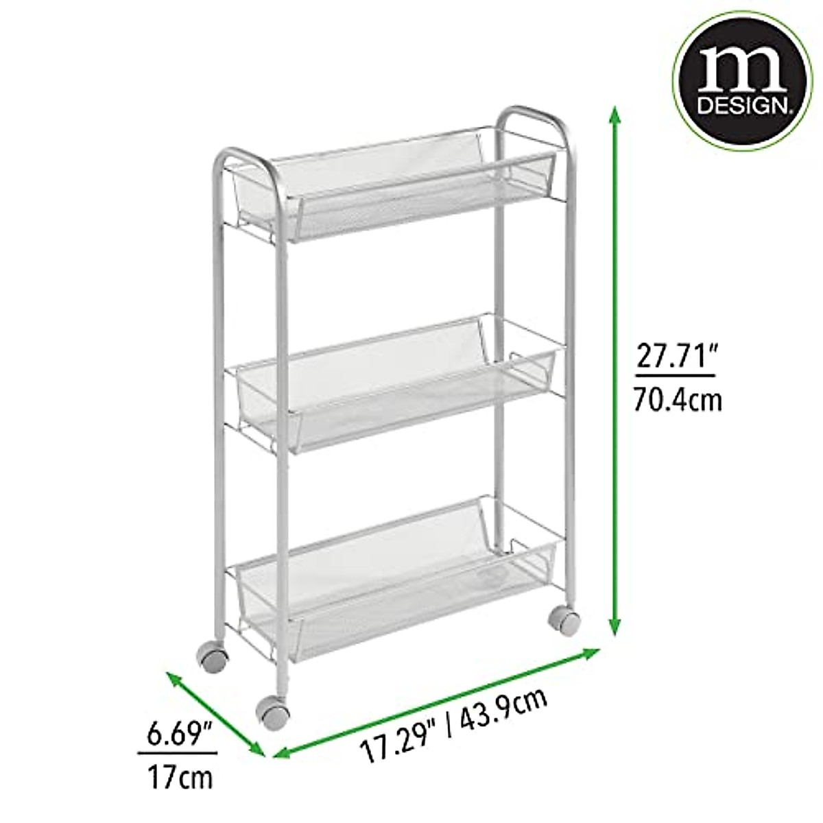 mDesign Steel Rolling Utility Cart Storage Organizer Trolley with 3 Basket Shelves for Laundry Room, Mudroom, Garage, Bathroom Organization - Holds Detergents, Hand Soap - Biro Collection, Silver