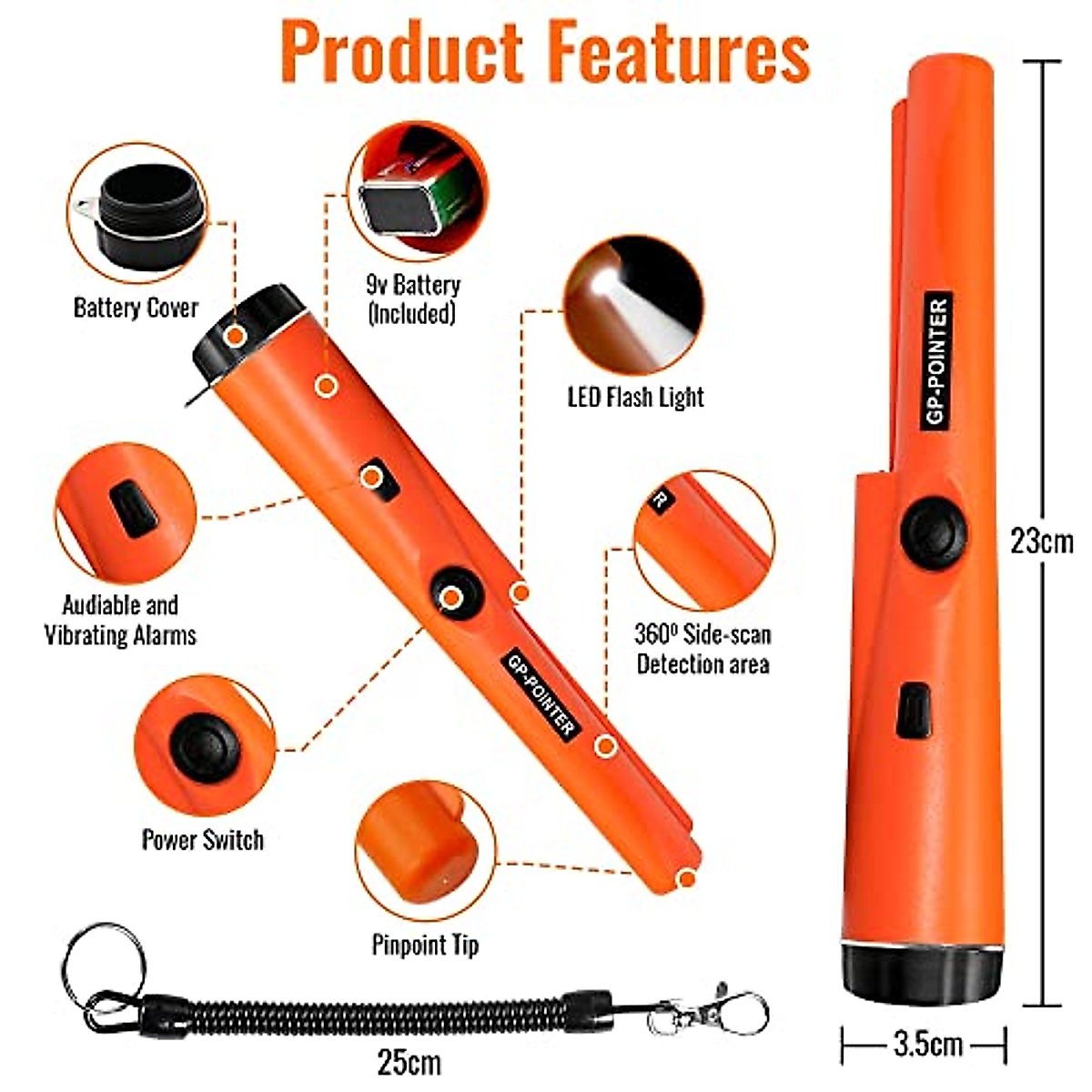 Metal Detector Pinpointer, Professional Waterproof Handheld Pin Pointer Wand, Portable Treasure Finder Pinpointing Probe LED Buzzer Vibration Sound with 9V Battery