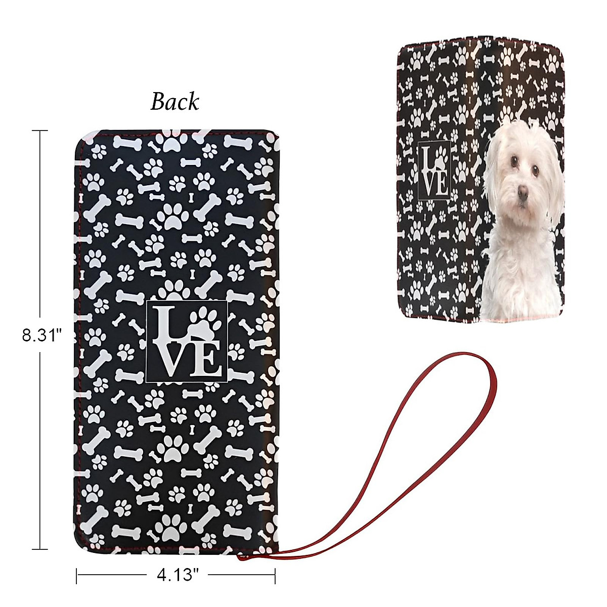 Women's Leather Wallet Long Lady Clutch Purse Print Maltese Dogand Dog Paws, Dog Mom Gifts