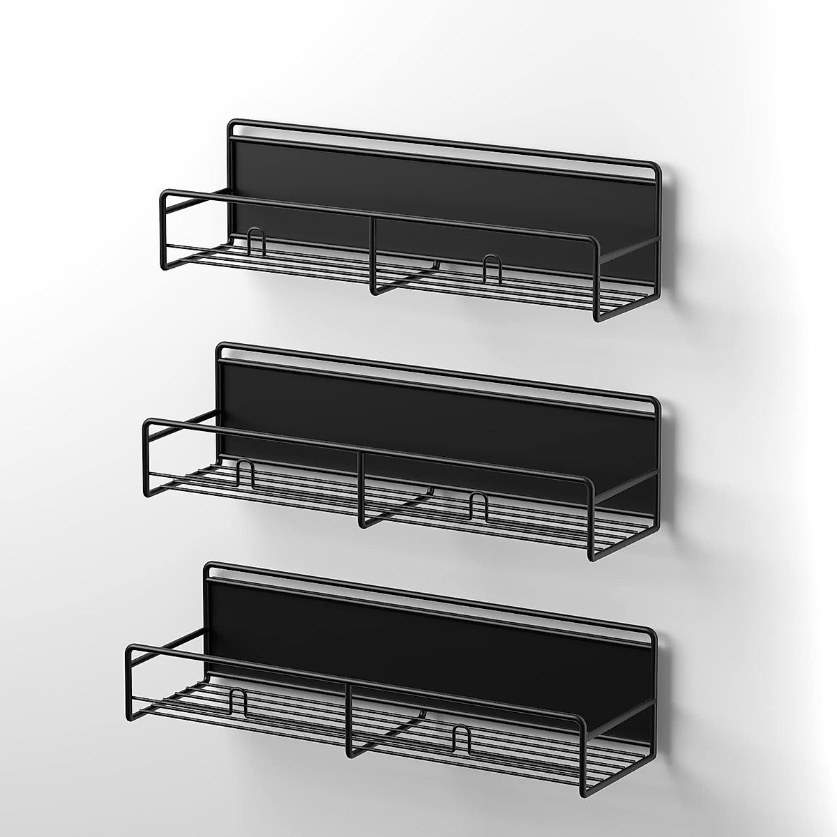 3 Pack Magnetic Spice Rack Organizer for Refrigerator, Moveable Magnetic Shelf, Space Saver for Fridge, Microwave Oven and Metal Cabinet, Magnetic Rack for Holding Spices, Jars, Bottle (Metal Black)