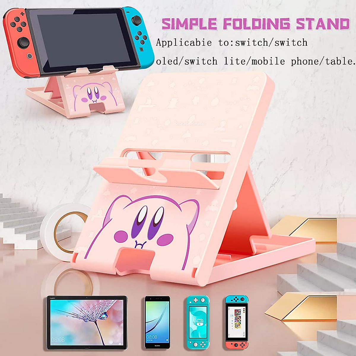 Busjoy Stand for Nintendo Switch, Switch OLED, Switch Lite, Steam Deck, Cute Kawaii Angle Adjustable Switch Holder, Portable Foldable Non-Slip Bracket-Pink