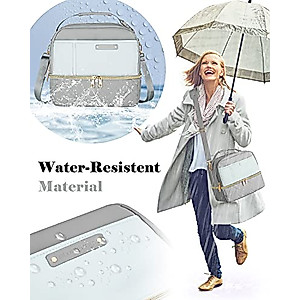 GLORIEROO Lunch Bag Women Men, Large Insulated Lunch Box Tote Cooler - Stylish Vegan Leather 2 Tier Lunch Bag with Adjustable Shoulder Strap for Adults Travel Work, Blue Grey