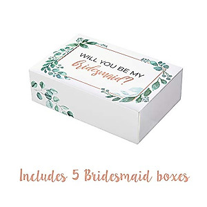 Pop Fizz Designs Bridesmaid Proposal Box Set I 6 Pack I 1 Maid of Honor Proposal Box and 5 Will You be My Bridesmaid Boxes I Greenery with Rose Gold Foil Bridesmaid Box for Bridesmaid Gifts