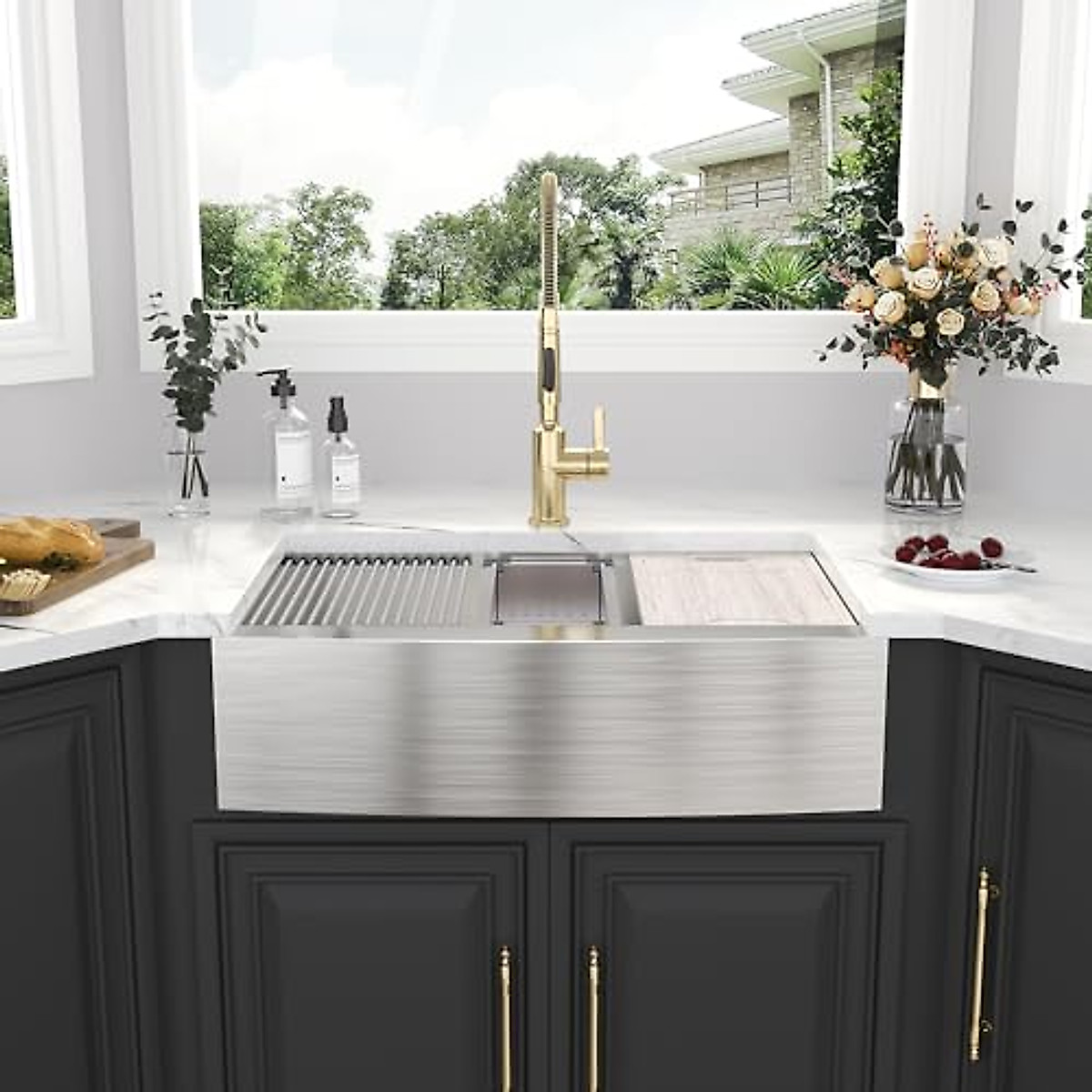 Kichae 30 Inch Farmhouse Sink Stainless Steel, Apron Front Farm Sink for Kitchen, Undermount Workstation Sink with Integrated Ledge, 30x22 Deep Single Bowl Kitchen Sink with Accessories