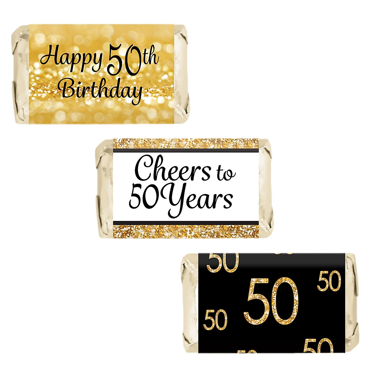DISTINCTIVS Black and Gold 50th Birthday Party Mini Candy Bar Wrappers - 45 Stickers