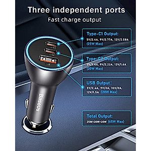65W USB C Car Charger, Baseus QC3.0 PD3.0 Type C Car Charger, 3 Ports Independent Fast Charging Car Charger Phone Adapter for iPhone 14 13 12 Pro Max XS X, Samsung, iPad Pro/Air, AirPods (Dark Gray)
