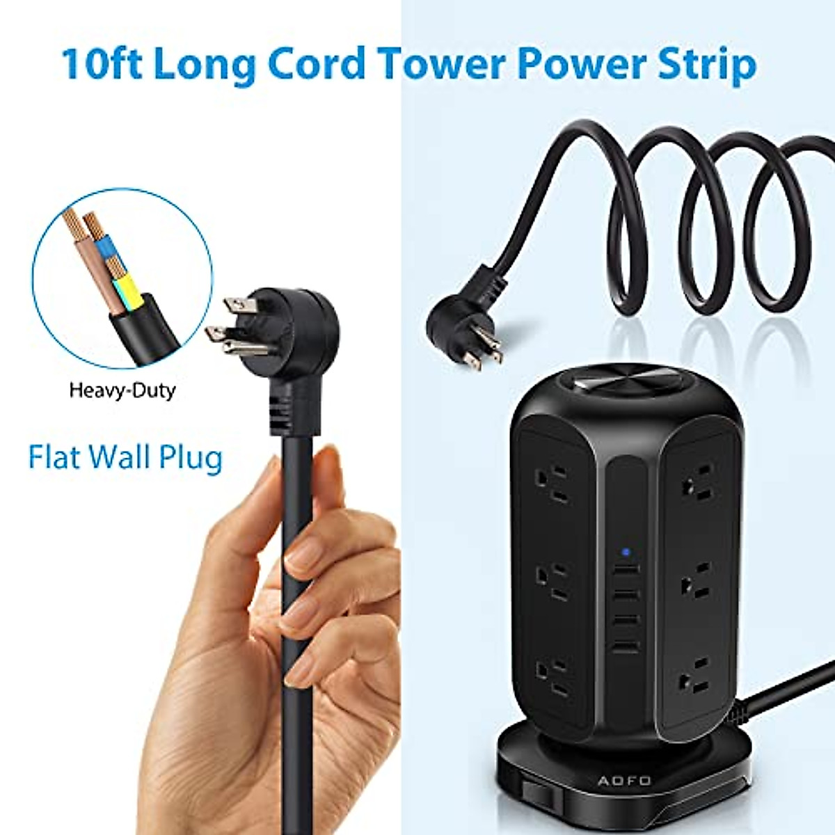 Power Strip Tower AOFO Surge Protector 12 AC Outlets with 4 USB Ports Charging Station with Overload Protection, Widely Spaced Multiple Outlets with 10Ft Long Extension Cord for Home, Dorm & Office