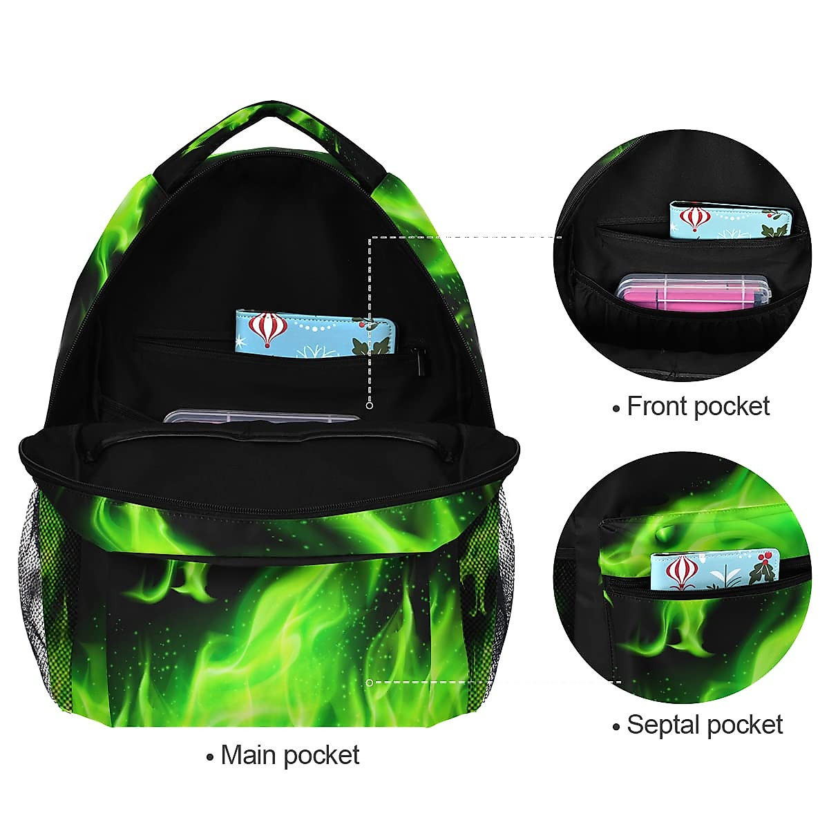 Custom Green Fire Dragon School Backpack Personalized Your Name Text Bookbag for Boys Girls Teens Casual Travel Bag Computer Laptop Daypack