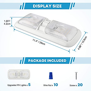 Kohree Upgrade 1000 Lumen Led RV Ceiling Double Dome Light Fixture, 5 Pack 12V Camper Interior Lighting with ON/Off Switch for Trailer RV Car Boat, Clear Cover (Natural White 4000-4500K, 60 X 5050SMD)