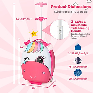 Goplus Kids Luggage, 16’’ Carry on Suitcase with LED Wheels, Waterproof Hard Shell, Lightweight Rolling Luggage for Travel, Birthday Christmas Gifts for Toddlers, Children, Boys, Girls (Pink)