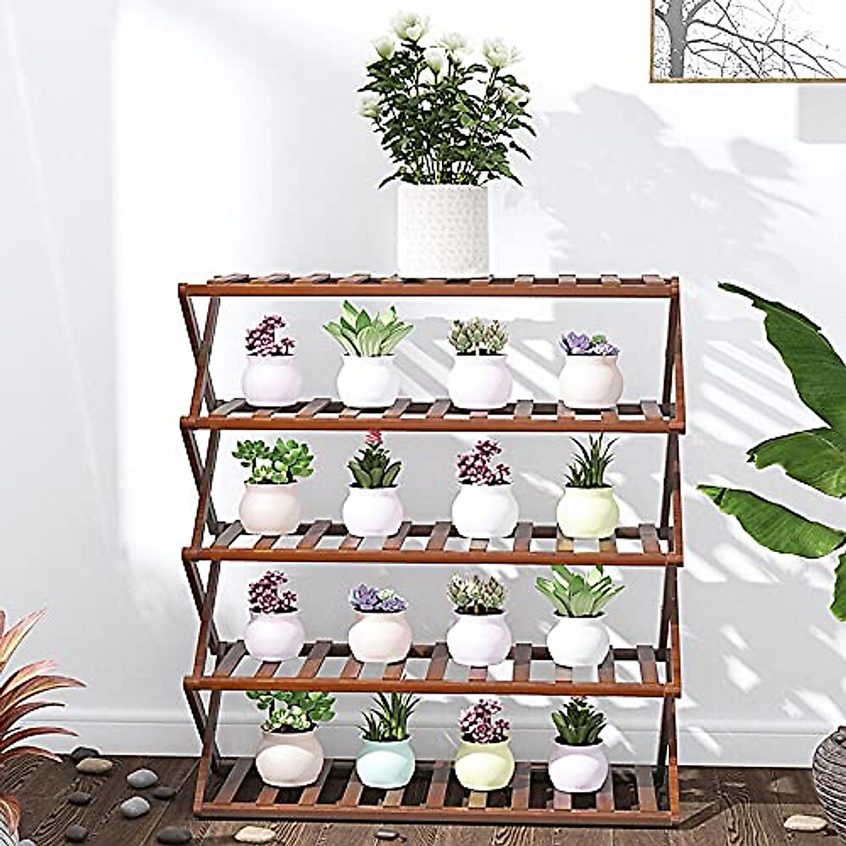 QUMENEY Foldable Bamboo Shoe Rack, 5 Tier Portable Folding Shoes Storage Organizer, No Assembly Free Standing Boots Shelf Suitable for Entryway, 27.5 x 9.8 x 30in (Dark)