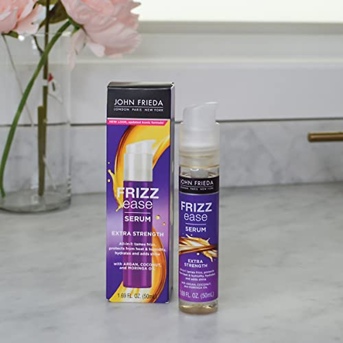 John Frieda Frizz Ease Extra Strength Hair Serum, Instantly Smooths for Healthy, Hydrated, Frizz-Free Hair, for Thick and Coarse Hair, with Argan, Coconut, and Moringa Oil for Heat Protection, 1.69 Oz