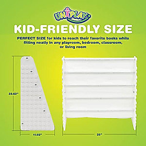 UNiPLAY Kids 4-Tier Book Storage Organizer with Sling Book Pockets, Plastic Sling Rack Bookshelf for Playroom, Fits Blocks, White