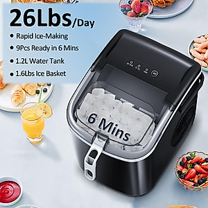 Antarctic Star Countertop Ice Maker Portable Ice Machine, Basket Handle,Self-Cleaning Ice Makers, 26Lbs/24H, 9 Ice Cubes Ready in 6 Mins, S/L ice, for Home Kitchen Bar Party (Black)