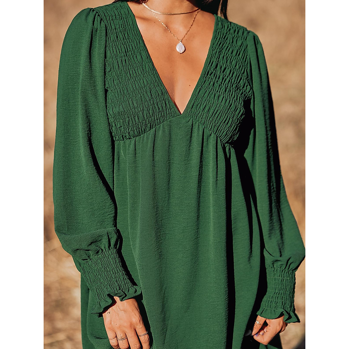 CUPSHE Women's Mini Dress Smocked V Neck Long Sleeve Empire Waist Casual A Line Green Dress