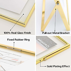 Qiannhee 8x10 Floating Frame (Horizontal), Gold Picture Frame Hold 8x10in 6x8in 5x7in Photo for Tabletop Display, Gift Choice for Festival-Glass Metal Stand Frame (Gold, 2 Pack)