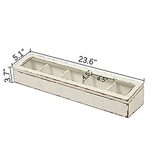 24 Inch Handcrafted Shabby Chic white Wooden Tea Box, Clear Tea Bag Organizer Storage with Lid, 5 Compartments, Rustic Storage Boxes Decorative Small, Wood Desk Organizer, Coffee Condiment Divided Box