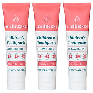 Wellnesse Children’s Toothpaste - Fluoride Free Natural Flavored Toothpaste for Kids and Toddlers - Strawberry - 3 Tubes, 4 oz - Made with Hydroxyapatite, Calcium Carbonate, and Aloe Vera