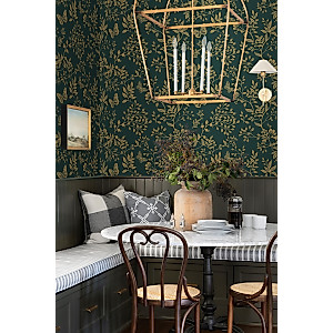 Wudnaye Green Vintage Floral Wallpaper Peel and Stick Wallpaper Dark Green and Gold Flower Leaf Butterfly Contact Paper 17.7" X 118.1" Removable Self Adhesive Boho Wallpaper for Bedroom Cabinets Decor