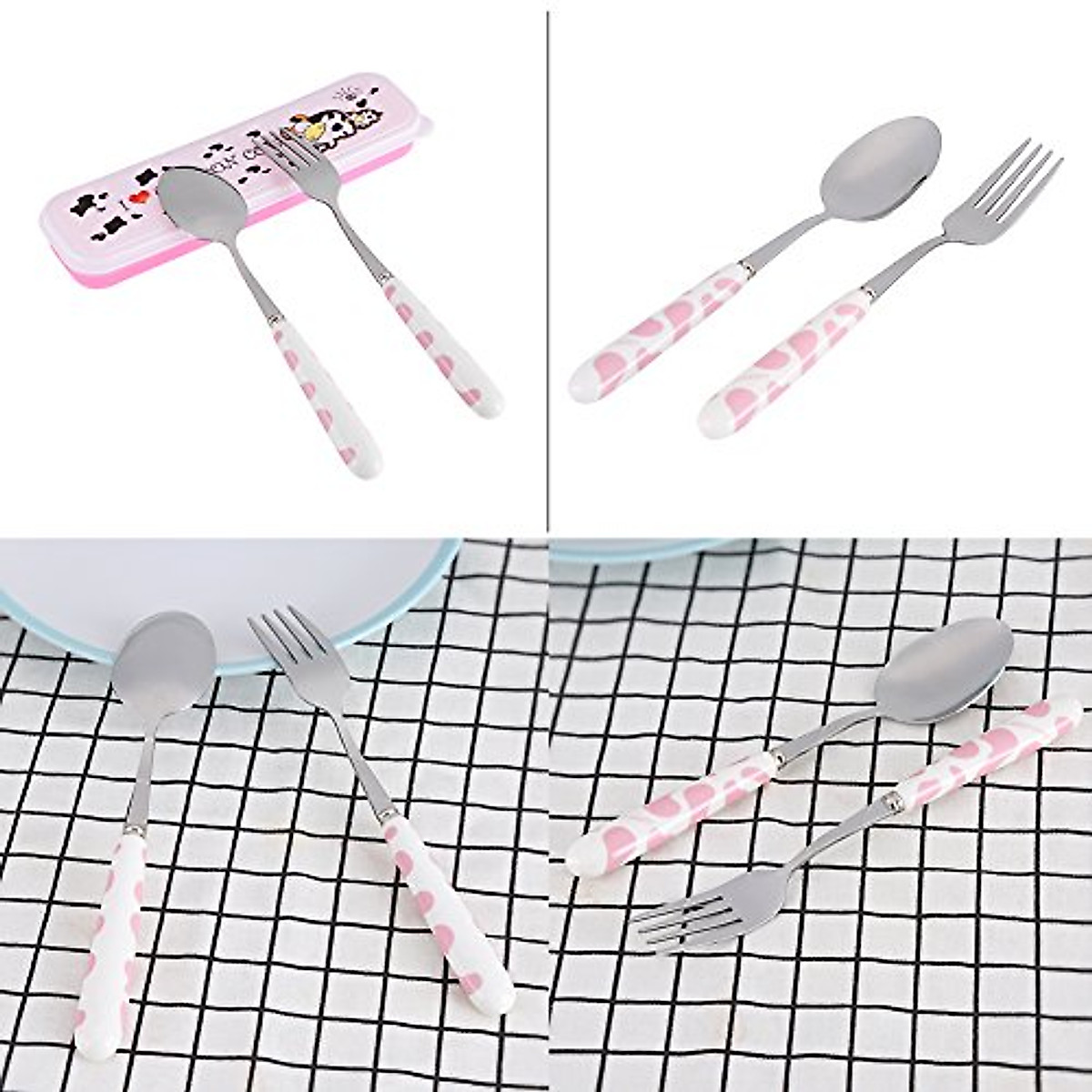 Stainless Steel Flatware Spoon for Kids, Ceramic Handle Fork Spoon Kitchen Tableware with Box Children Cutlery Set Outdoor Picnic Travel (Pink)