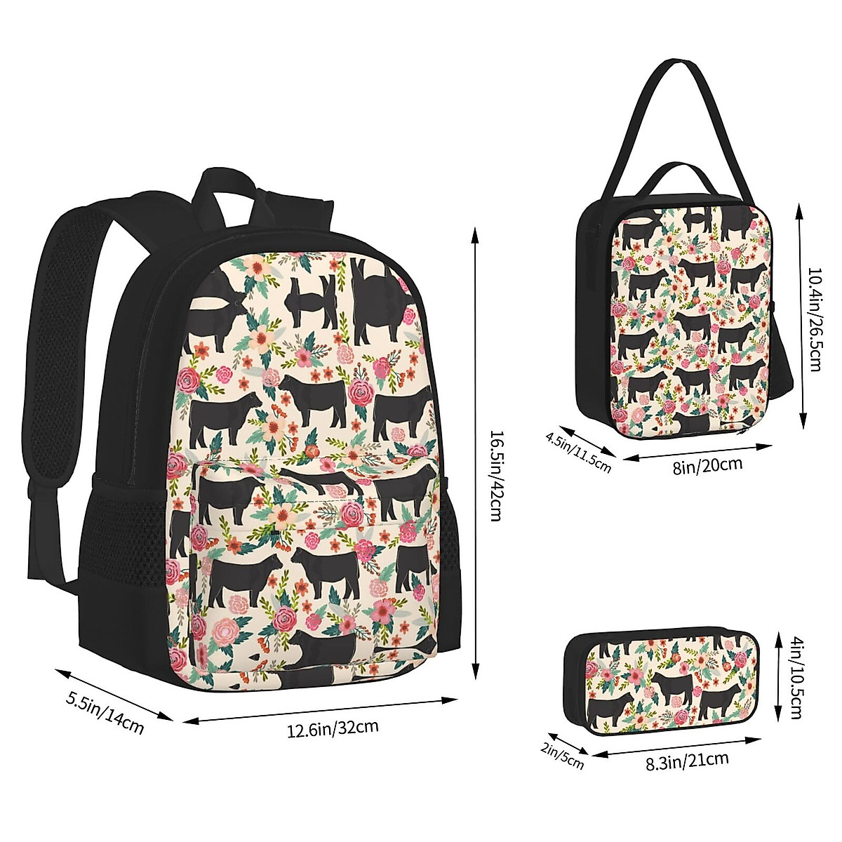 MQGMZ Pink Flower Show Steer Cows Cattle Print Backpack 3 Pcs Set Travel Hiking Lightweight Water Laptop Pencil Case Insulated Lunch Bag