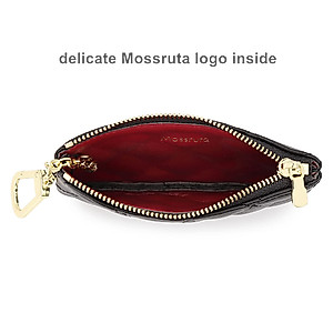 Mossruta Premium Genuine Full Grain Leather Mini Coin Purse Keychain Pouch Card Holder for Men Women (Black Quilted - LG)