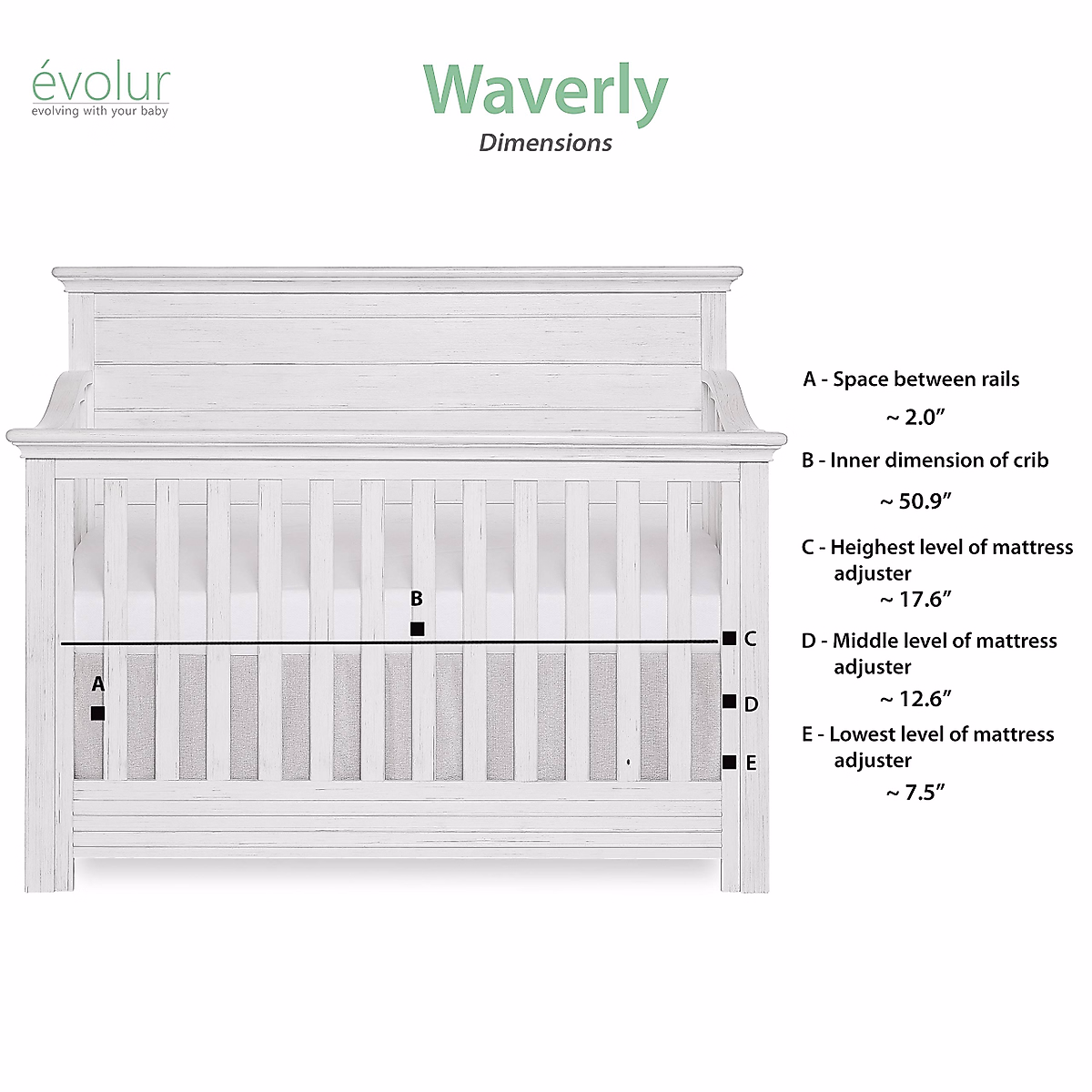 Evolur Waverly 5-in-1 Full Panel Convertible Crib in Weathered White, Greenguard Gold Certified 58.75x31.25x46.5 Inch (Pack of 1)