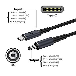 Cablecc USB-C Type C Input to DC 20V 5.5 * 2.1mm Output Power 100W 135W 140W 65W PD Charge Cable for Laptop