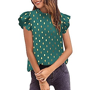 Avanova Women's Gold Dot Print Ruffle Cap Sleeve Frill Trim Crewneck Elegant Work Blouse Top Gold Dot Light Green X-Large