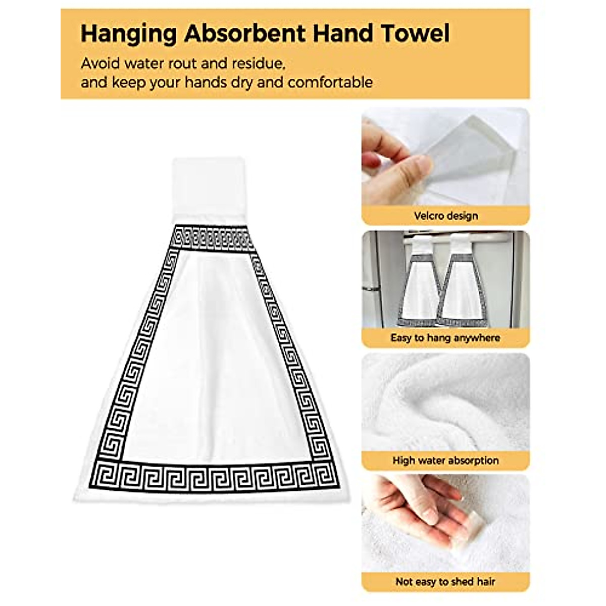 Ldtrchee Black Geometric Hand Towel with Hanging Loop, Modern Key Greek Design Abstract Art Hanging Tie Towels Set 2 Pcs, Kitchen Absorbent Towel for Bathroom Tea Bar Laundry