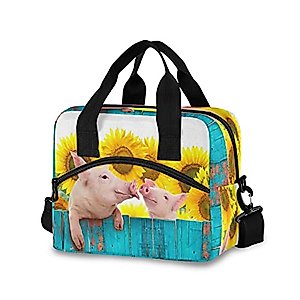Funny Pig Sunflower Lunch Bag Reusable Lunch Tote Bag Thermal Cooler Bag Insulated Lunch Box with Adjustable Shoulder Strap for Office School Outdoor Picnic