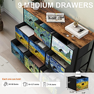 EXOTICA Van Gogh 9 Drawers Dresser Wide TV Stand Colorful Dressers & Chest of Drawers Enterway Furniture for Bedroom Living Room Hallway Closets Steel Frame Wood Top
