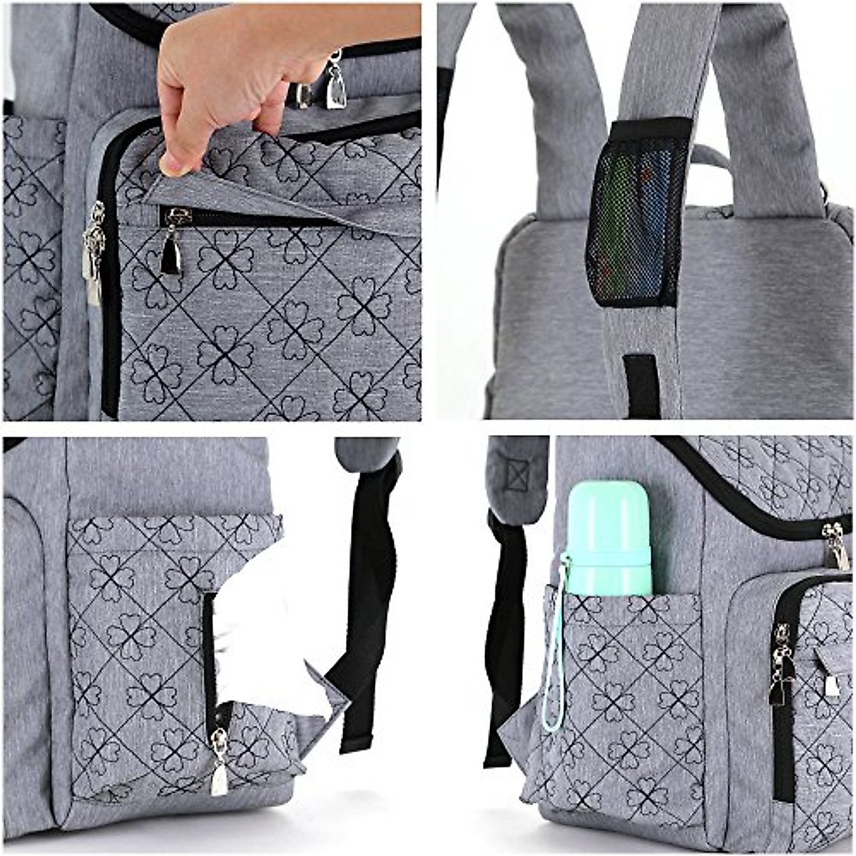 HYBLOM Diaper Bag Backpack With Baby Stroller Straps, Stylish Travel And Organizer For Women & Men, 12 Pockets, Grey