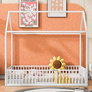 Bellemave Twin Size Montessori House Bed for Kids, Metal Floor Beds with Fence Railings & Door, Twin Playhouse Bed for Boys Girls, Box Spring Needed, White