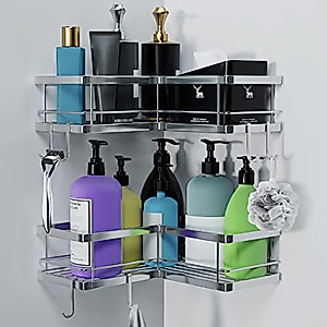 Adhesive Corner Shower Caddy,2 Pack Bathroom Corner Shower Basket Shelf With 6 Hooks Stainless Steel Shower Storage Organizer Shampoo Holder, No Drilling Shower Shelf Basket Bathroom Shelf Rack