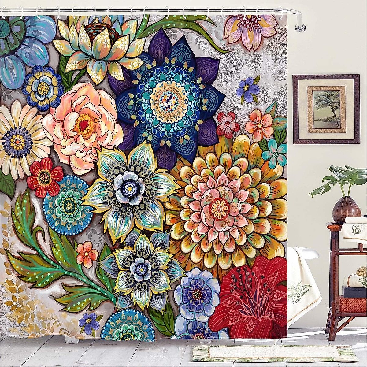 Neasow Boho Floral Shower Curtains for Bathroom, Bright Fabric Blossom Shower Curtain with 12 Hooks, Multi Color 72"×72"